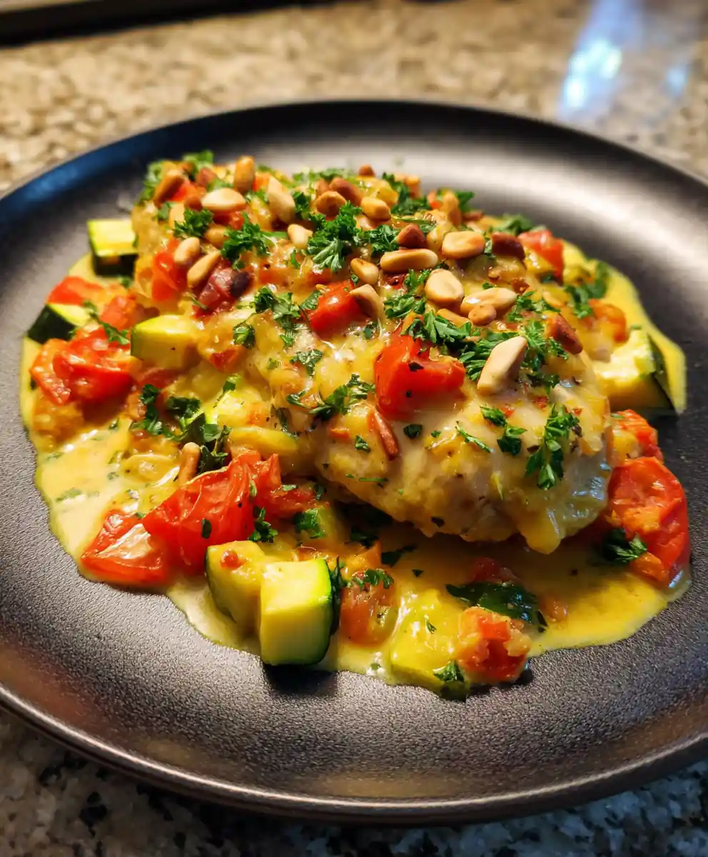 Baked Tuscan Chicken Casserole with Golden Saffron Cream Swirl