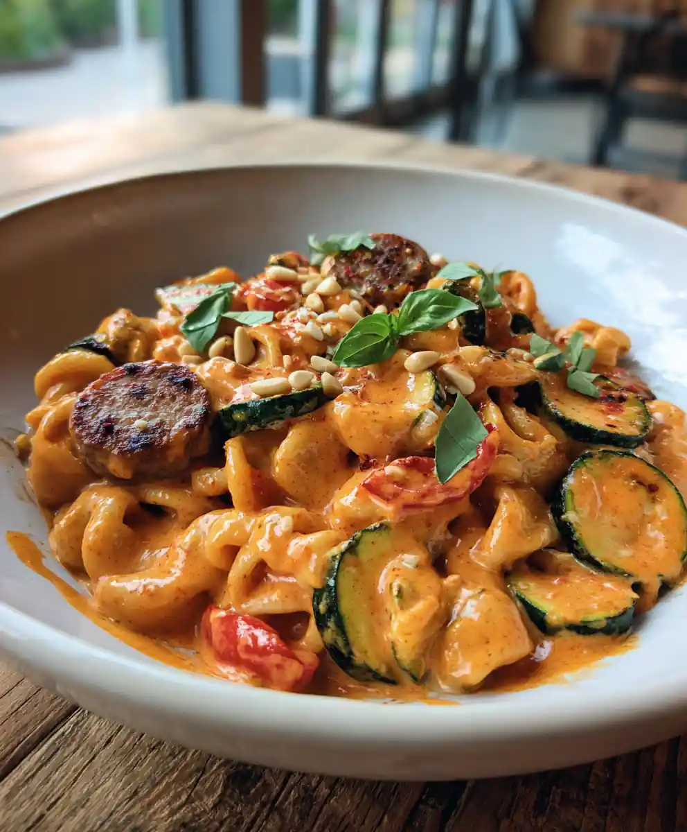Creamy Roasted Red Pepper Chicken Sausage Pasta with Zucchini and Tomatoes